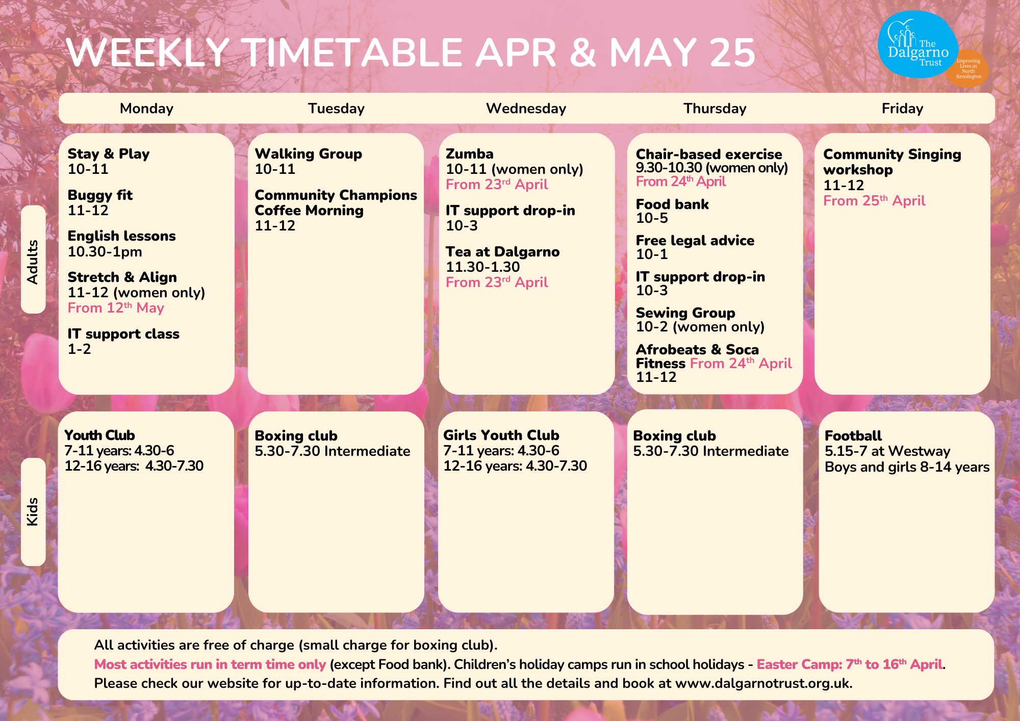 April & May Timetable Now Live! - The Dalgarno Trust